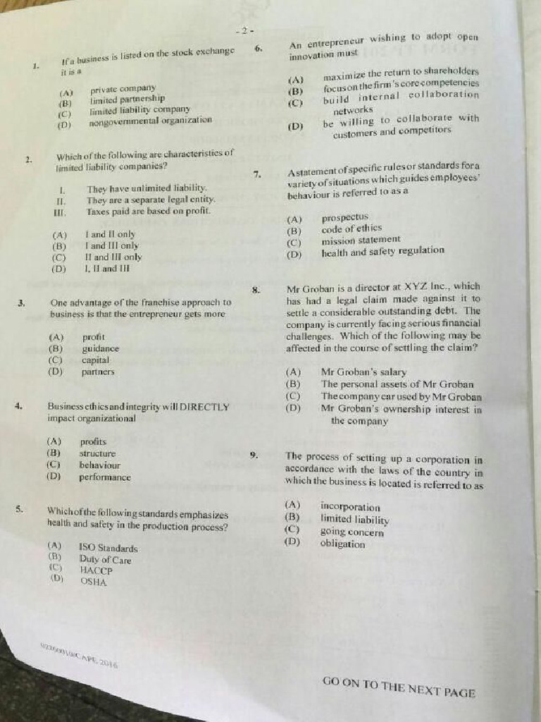 CAPE Entrepreneurship 2016 U2 P1 | PDF