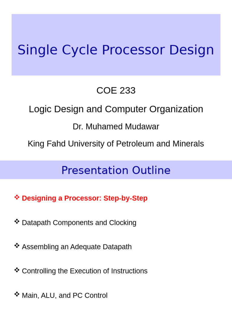Single Cycle Processor Design: COE 233 Logic Design and Computer Organization | PDF | Central ...