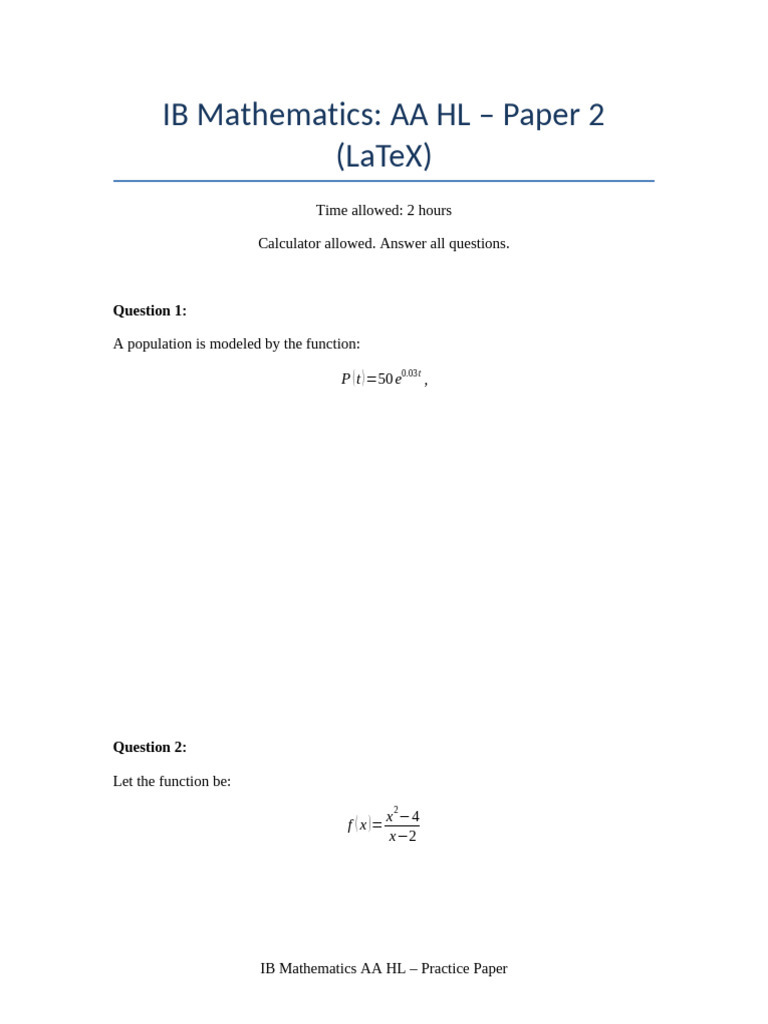 IB Math AA HL Paper 2 Practice Exam | PDF