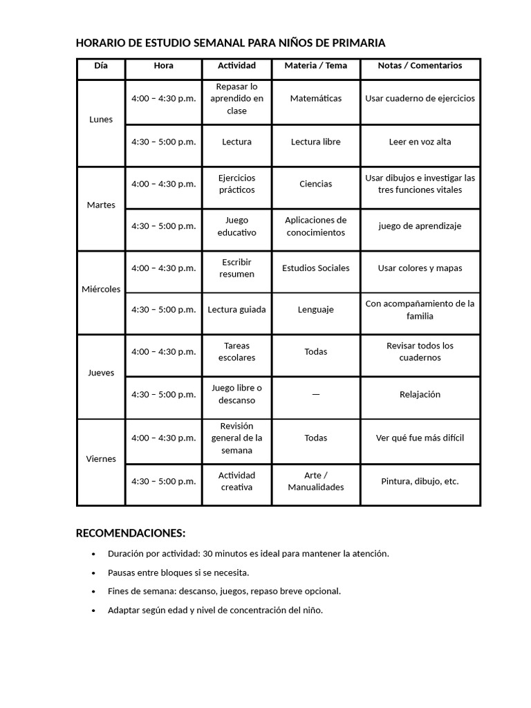 Horario Semanal de Estudio Primaria | PDF | Aprendizaje | Cognición