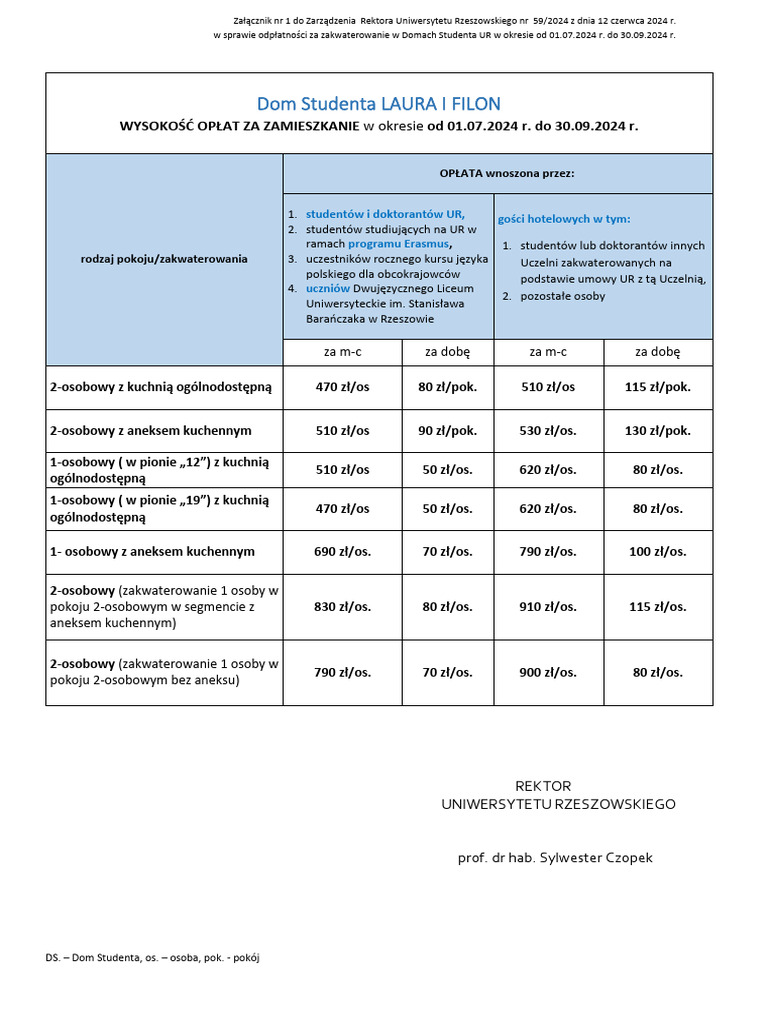 Załącznik NR 1 Do Zarządzenie 59 - Opłaty Wakacje Laura, Filon | PDF