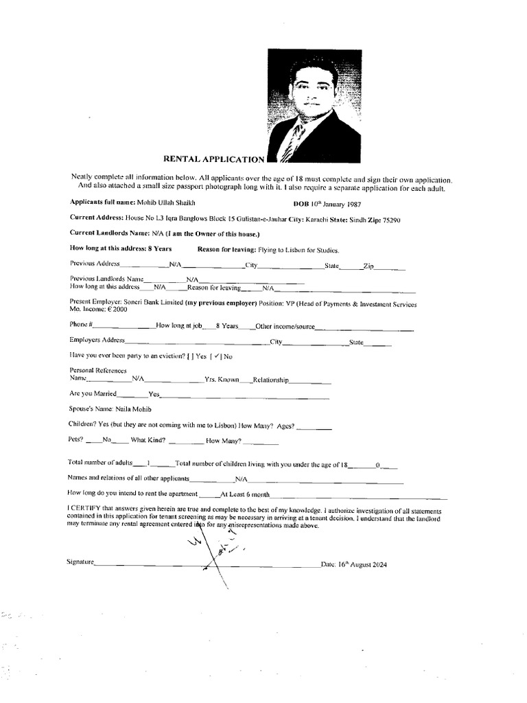 Rental Application Signed Form | PDF