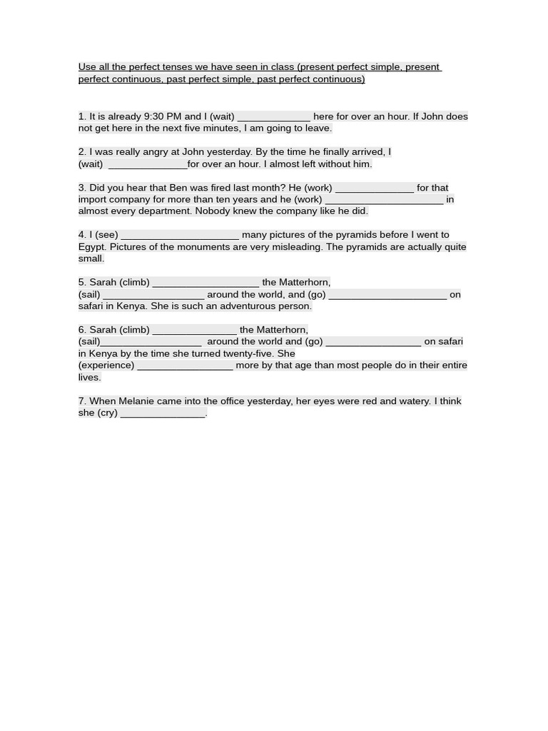 Perfect Tenses Practice Exercises | PDF