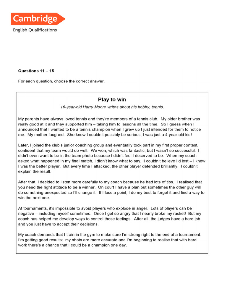 B1 Preliminary For Schools Reading Part 3 | PDF