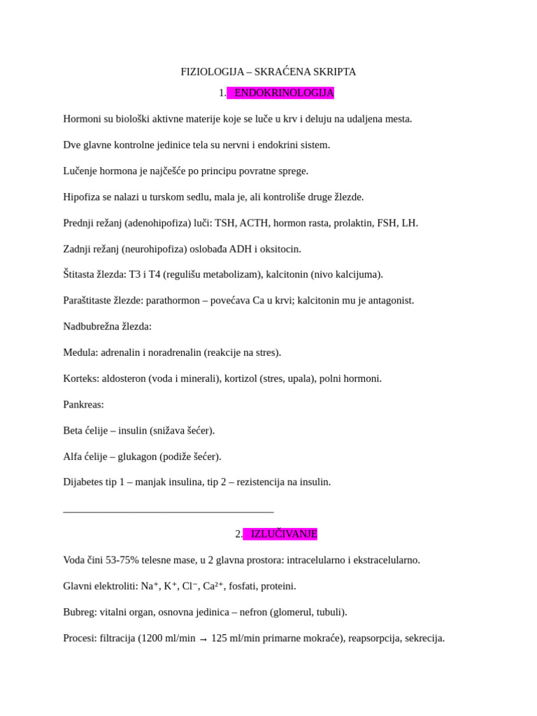 FIZIOLOGIJA Skraćena Skripta | PDF