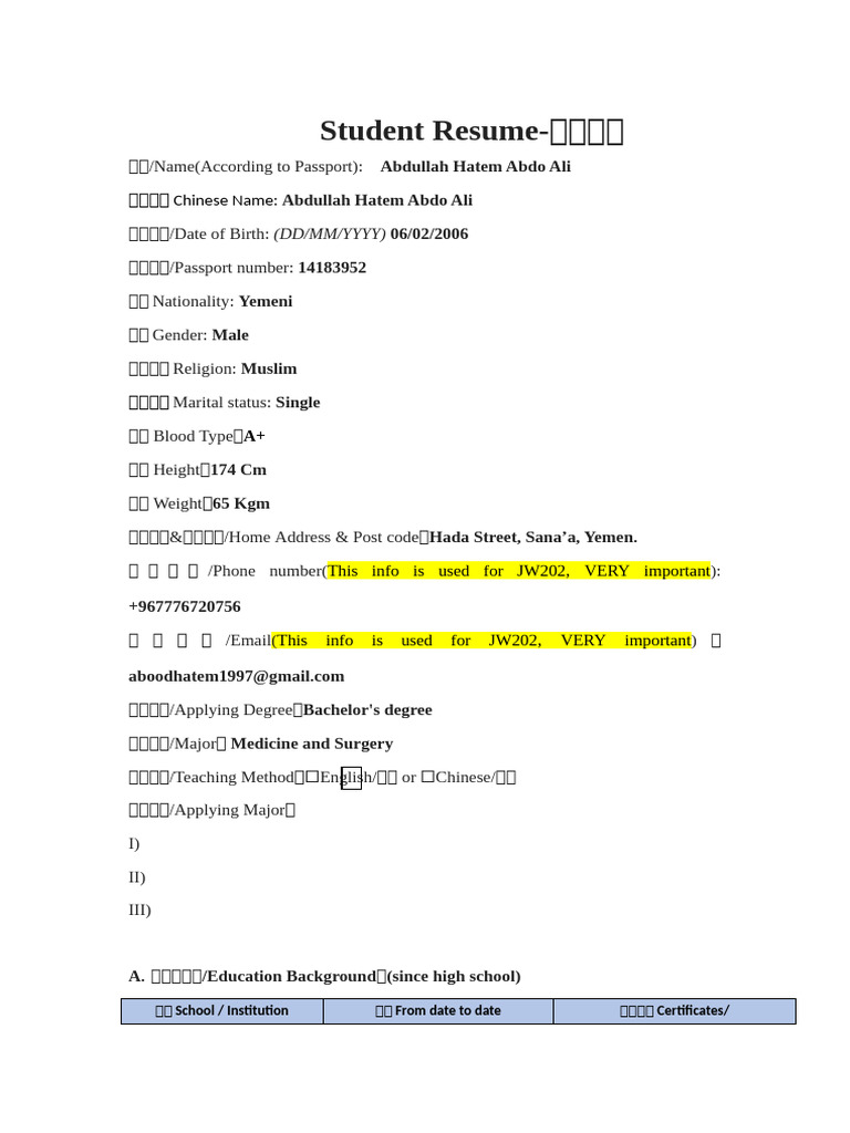 Student Resume of Abdullah Hatem Abdo | PDF | Yemen | World Politics