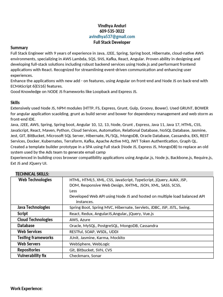 Vindhya Anduri Resume | PDF | Angular Js | Spring Framework
