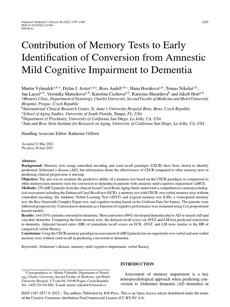 Contribution of Memory Tests To Early Identificati | PDF | Recall ...