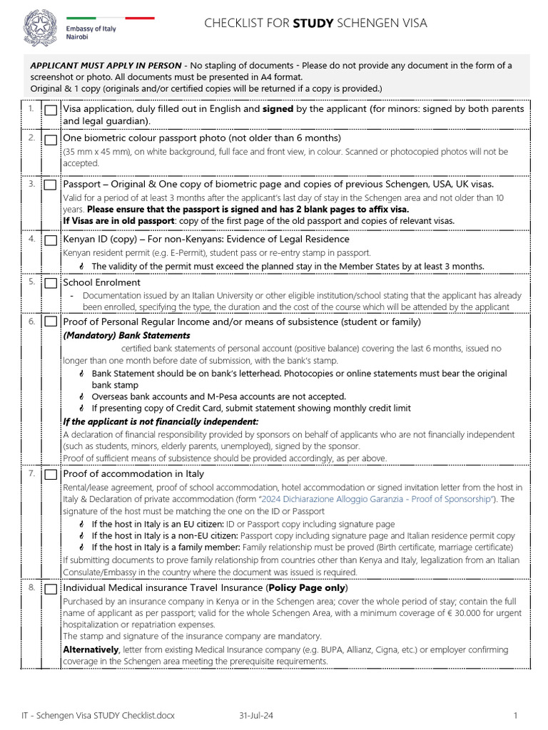 IT Schengen Visa STUDY Checklist | PDF | Travel Visa | Identity Document