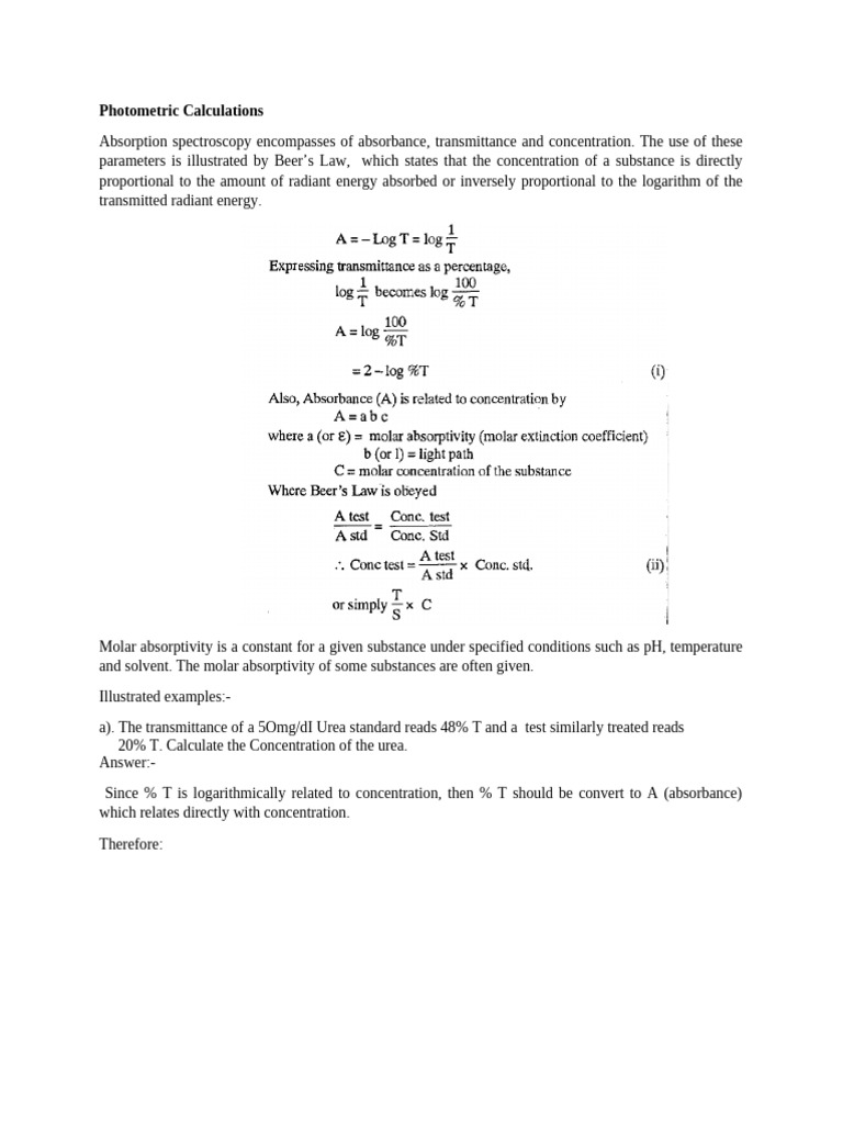 MLS 211 Photometric Calculations | PDF | Absorbance | Concentration