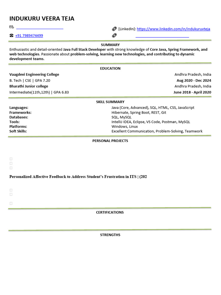 Indukuru_Veera_Teja_Resume | PDF | Java (Programming Language) | My Sql