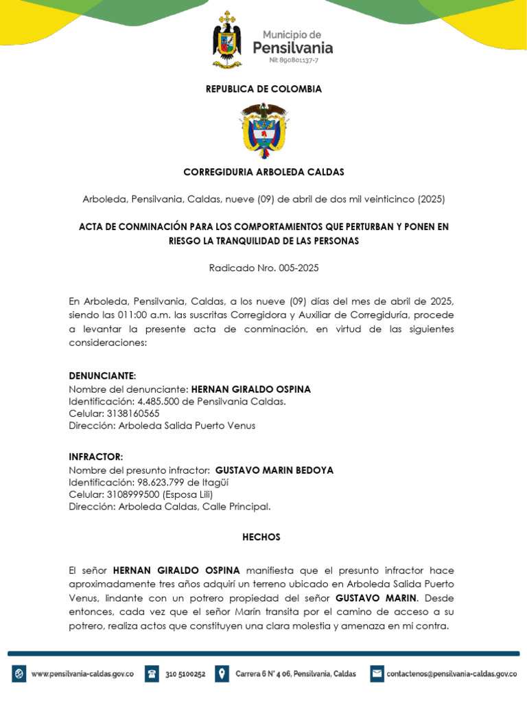 Acta de Conminación Proceso 005-2025 | PDF | Acoso | Propiedad