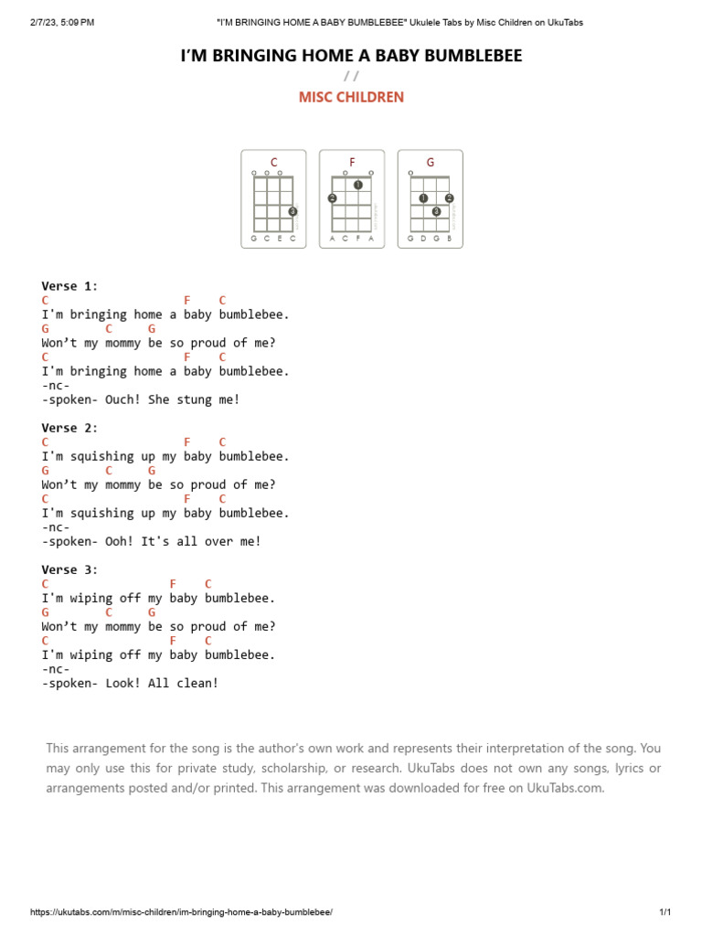 I'M BRINGING HOME A BABY BUMBLEBEE - Ukulele Tabs by Misc Children On ...