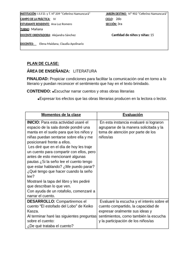 Plan de Clase: Literatura Infantil | PDF | Cuentos