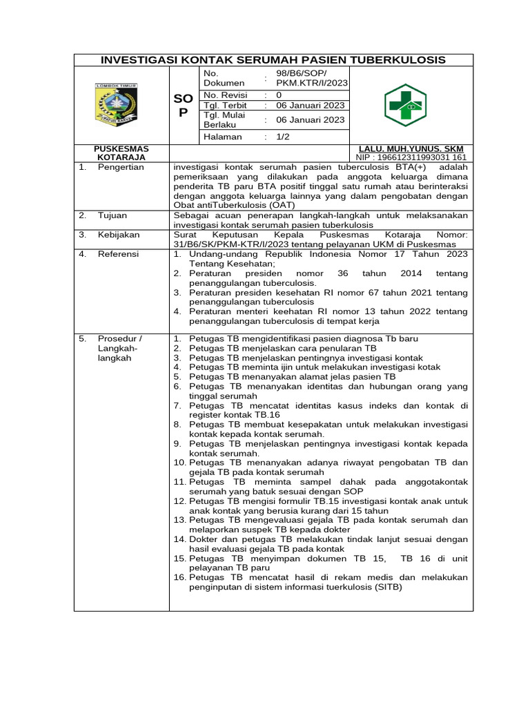 1.SOP INVESTIGASI KONTAK SERUMAH PASIEN TUBERKULOSIS | PDF