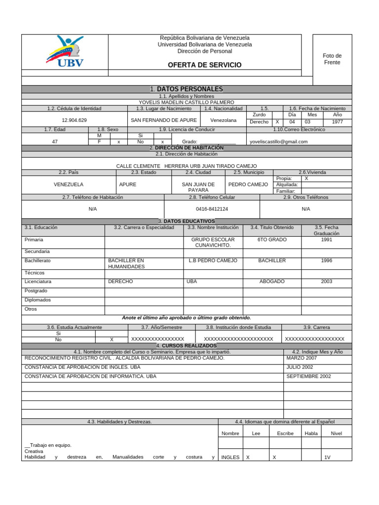 OFERTA DE SERVICIO. YOVELIS MADELIN CASTILLO PALMERO. | PDF ...