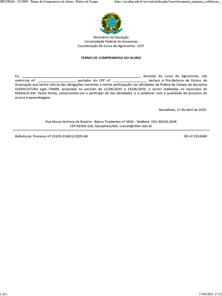 SEI_UFAM - 2553069 - Termo de Compromisso do Aluno - Prática de Campo | PDF