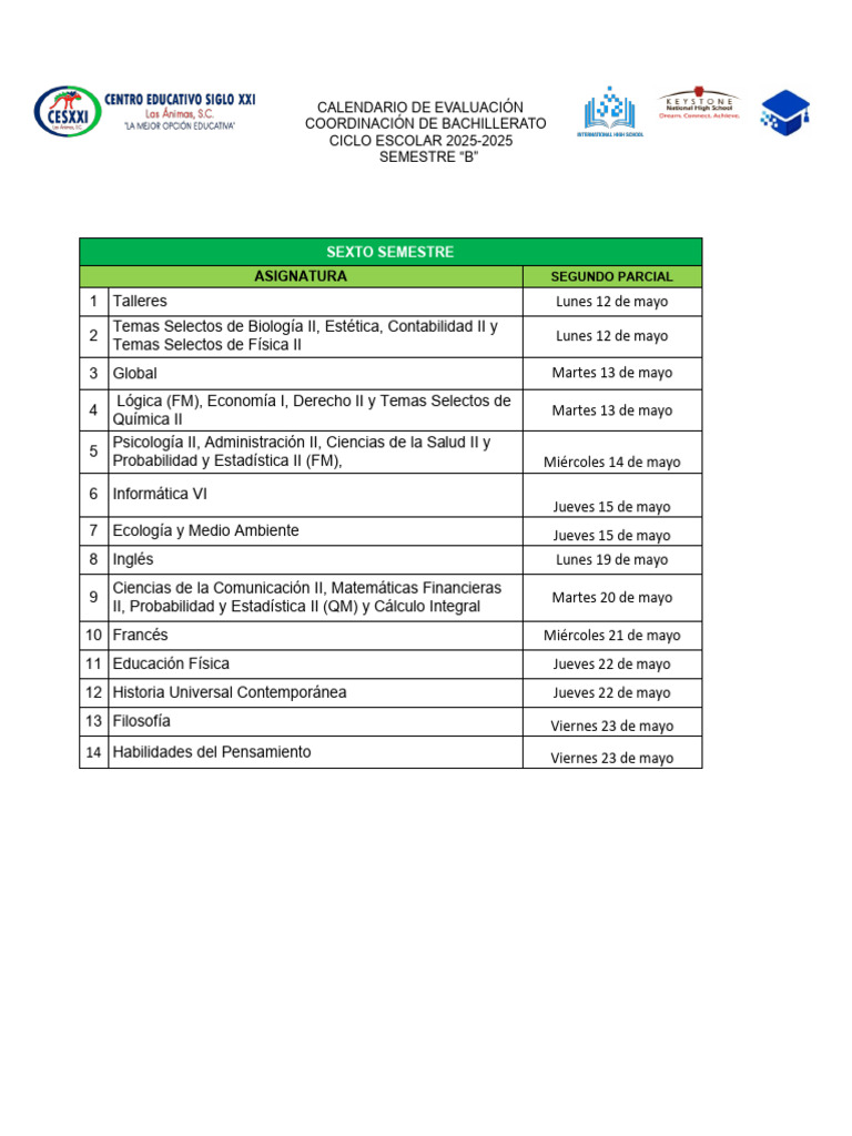 Calendario de Examenes - 6to. Sem - 2do. Par 25-25 | PDF