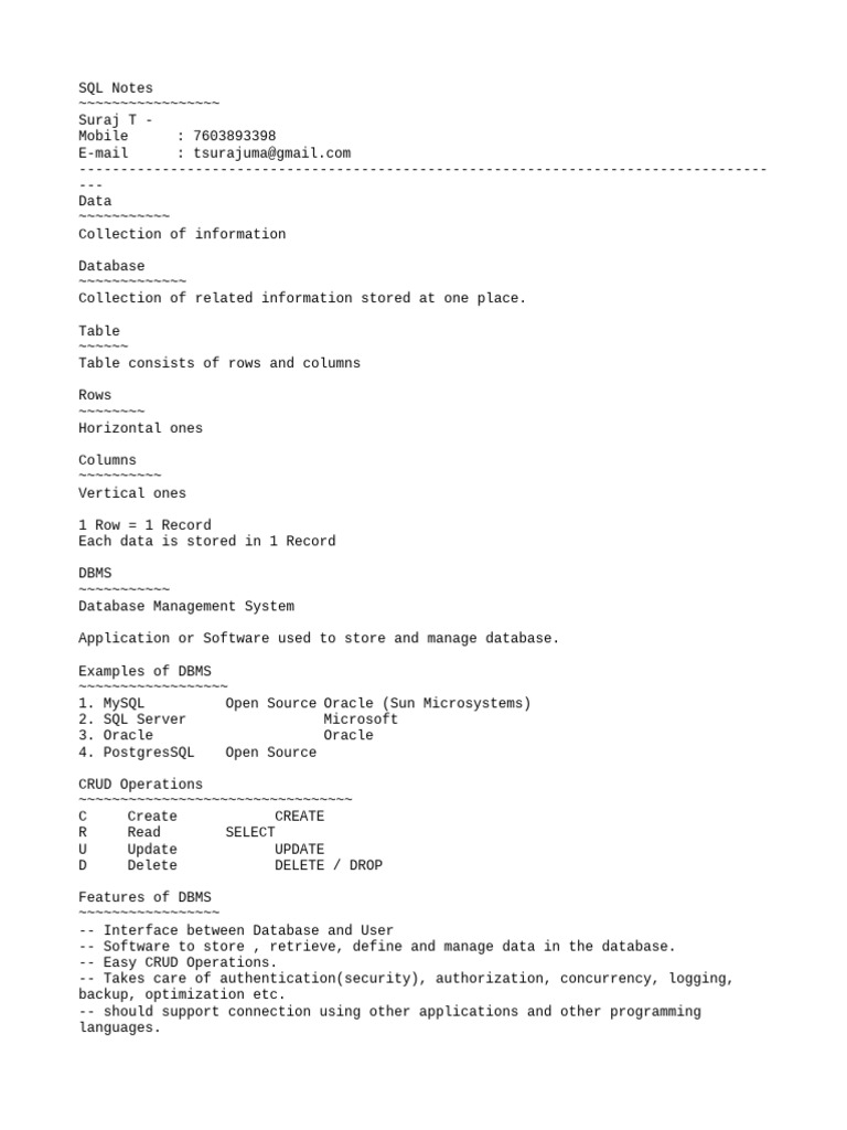 SQL Notes Updated 01 April 2025 | PDF | Sql | Data Model
