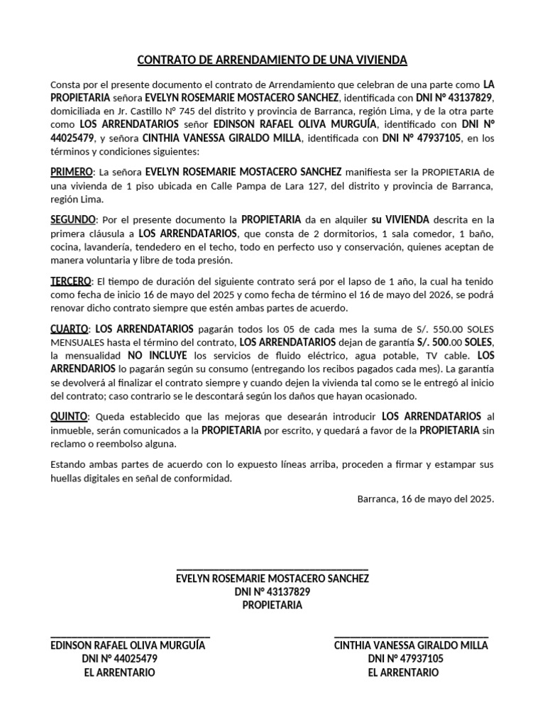 Contrato de Arrendamiento en Barranca | PDF