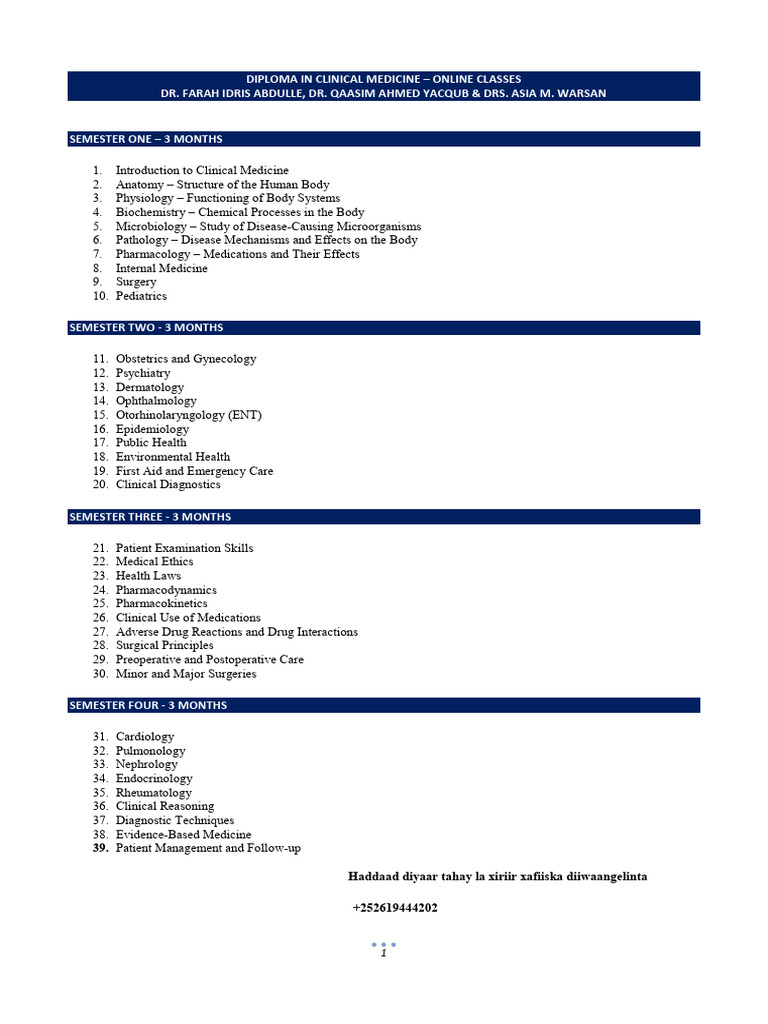 Diploma in Clinical Medicine Outline | PDF
