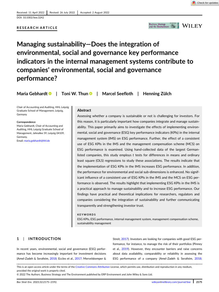 Bus Strat Env - 2022 - Gebhardt | PDF | Sustainability | Performance Indicator