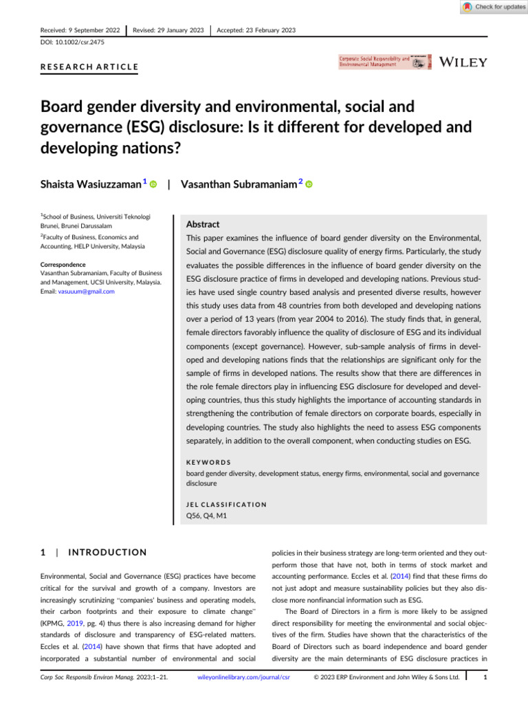 Wasiuzzaman 2023 - Board Gender Diversity and Environmental Social and Governance ESG | PDF ...
