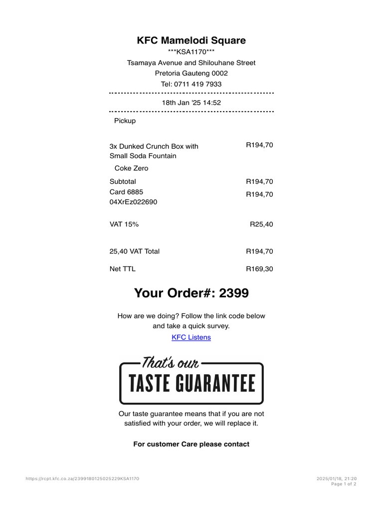 KFC Mamelodi Square Receipt 2025 | PDF | Financial Technology | Finance ...