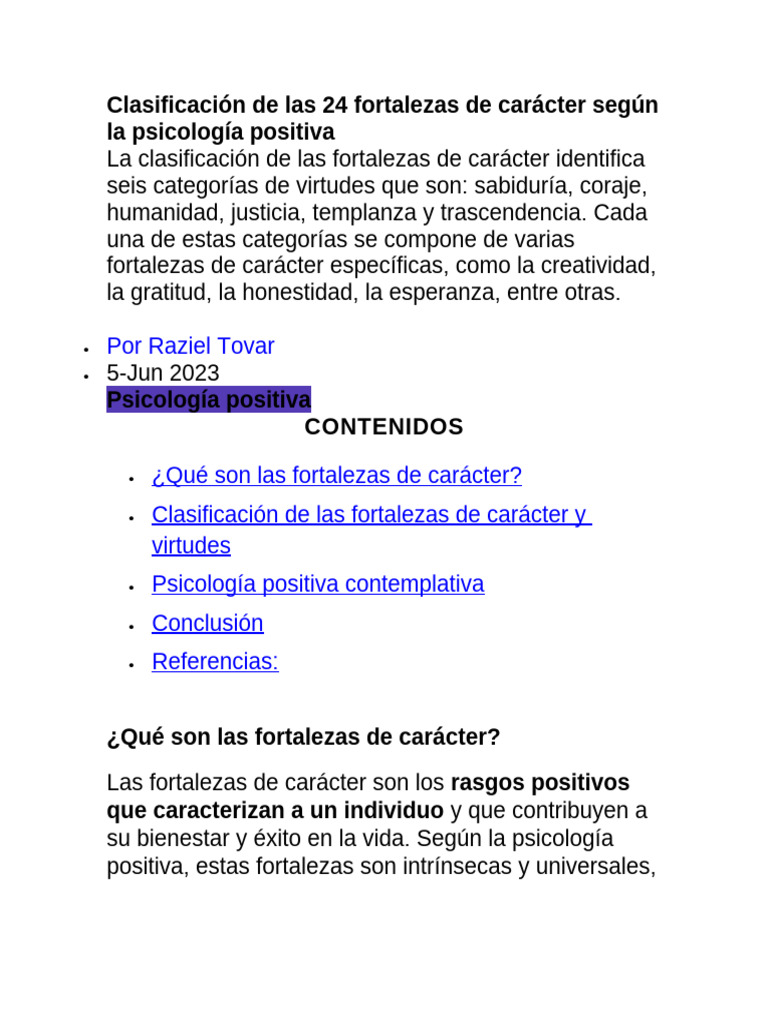 Clasificación de las 24 fortalezas de carácter según la psicología ...