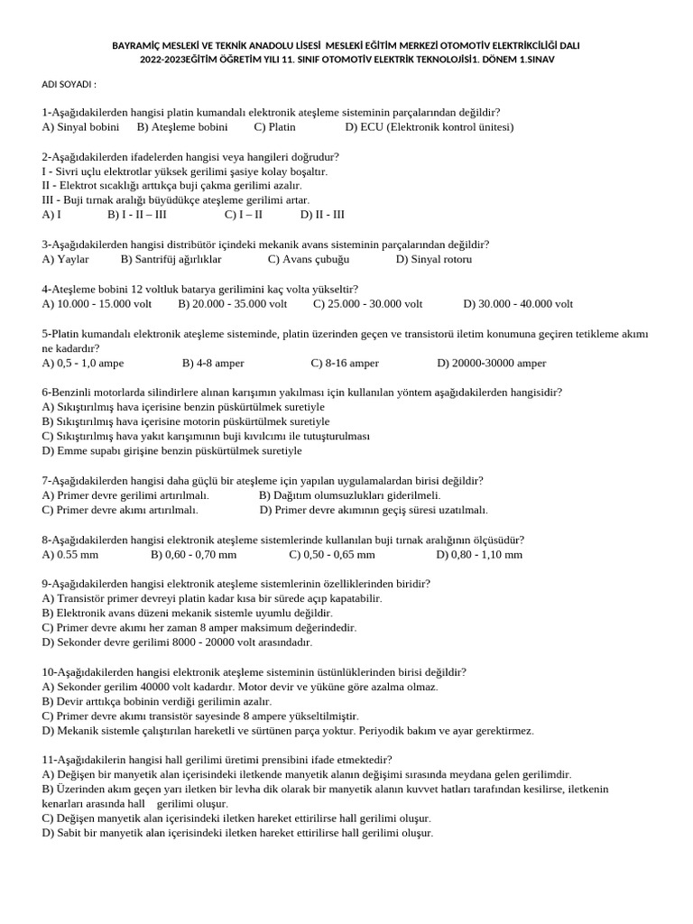 Otomotiv Elektrik Teknolojisi - Soruları | PDF