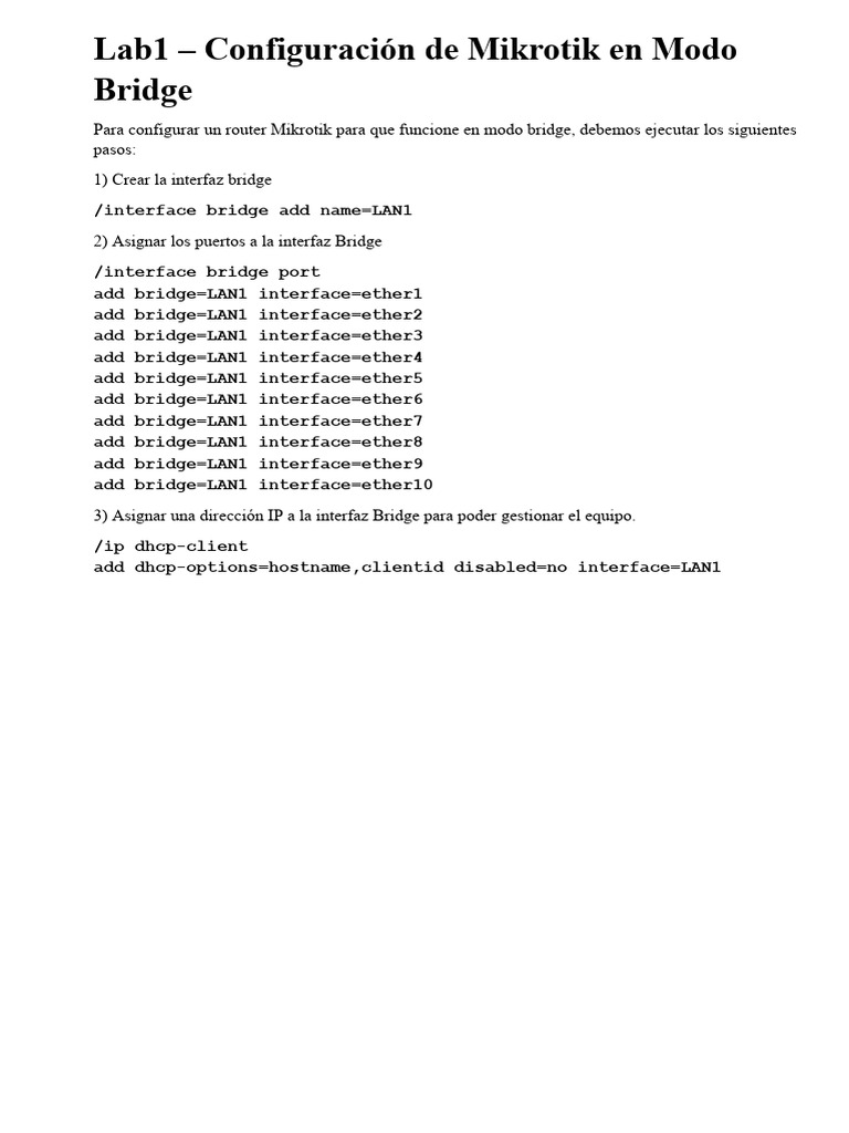 Lab1 - Configuración de Mikrotik en Modo Bridge | PDF