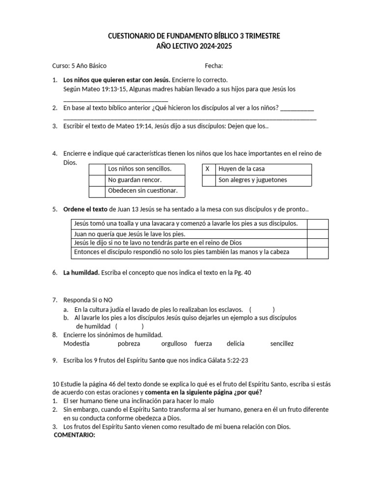 5 Año Cuestionario F Bíblico 3T | PDF