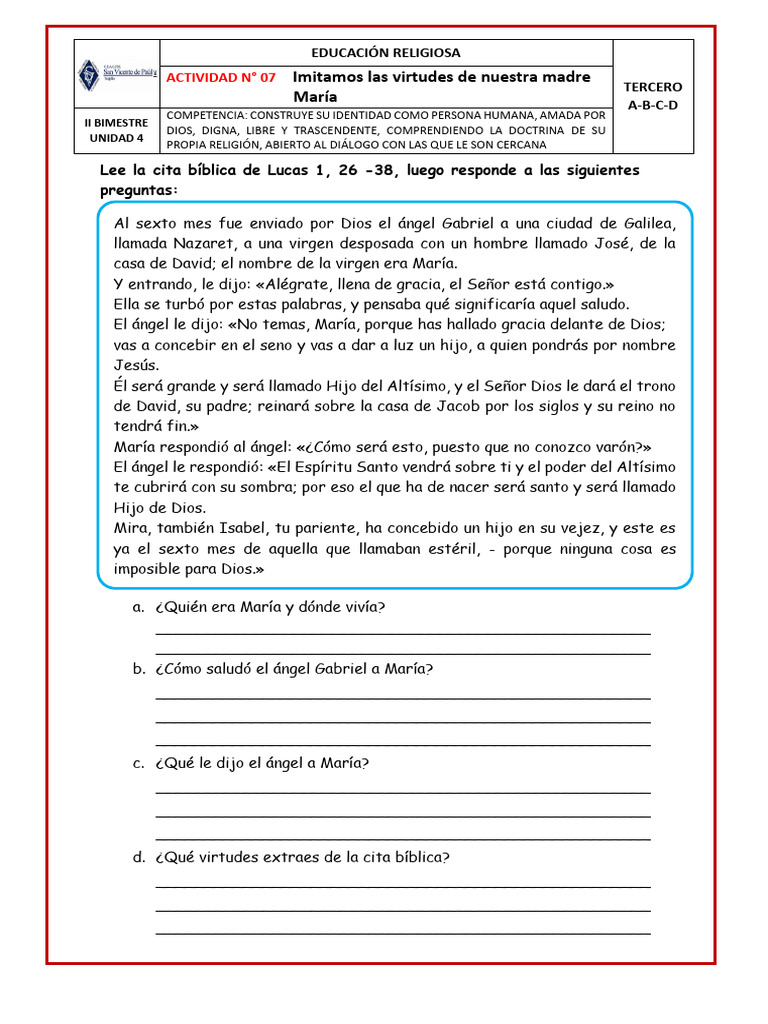 Actividad 07 Virtudes de La Virgen Maria. | PDF | María, madre de Jesús | Teología