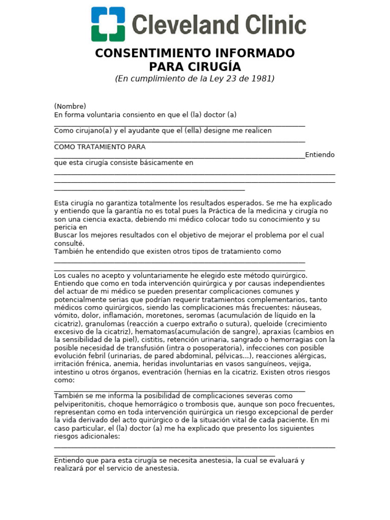 Consentimiento Informado | PDF | Cirugía | Especialidades Medicas
