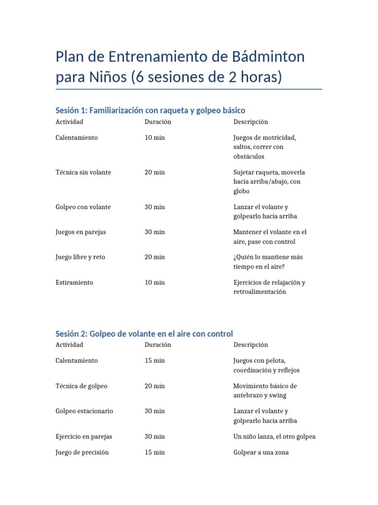 Plan de Entrenamiento de Bádminton Infantil | PDF