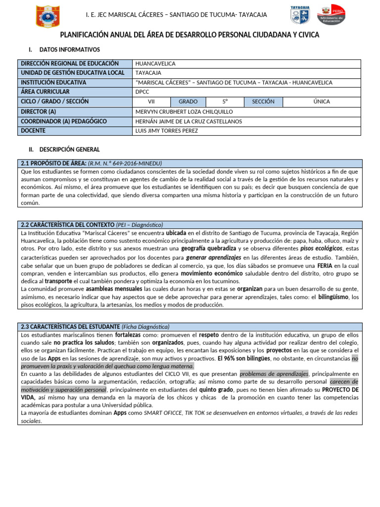 Planificación Anual DPCC 5to | PDF | Evaluación | Multilingüismo