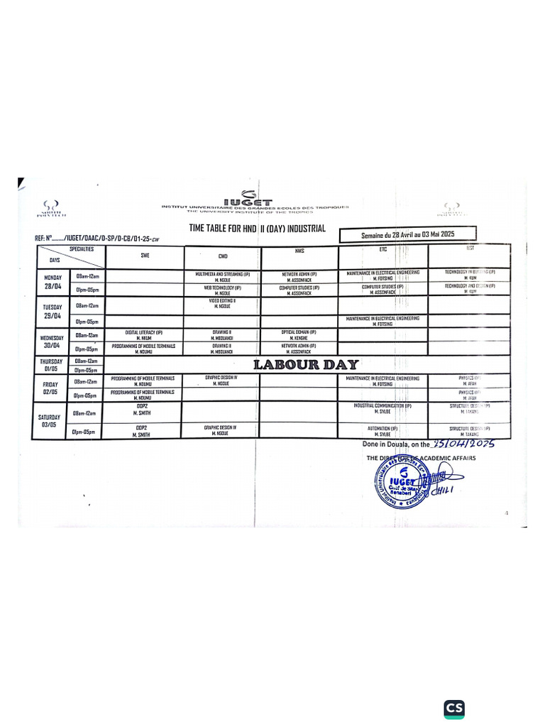 Time Table of HND 2 Indu | PDF