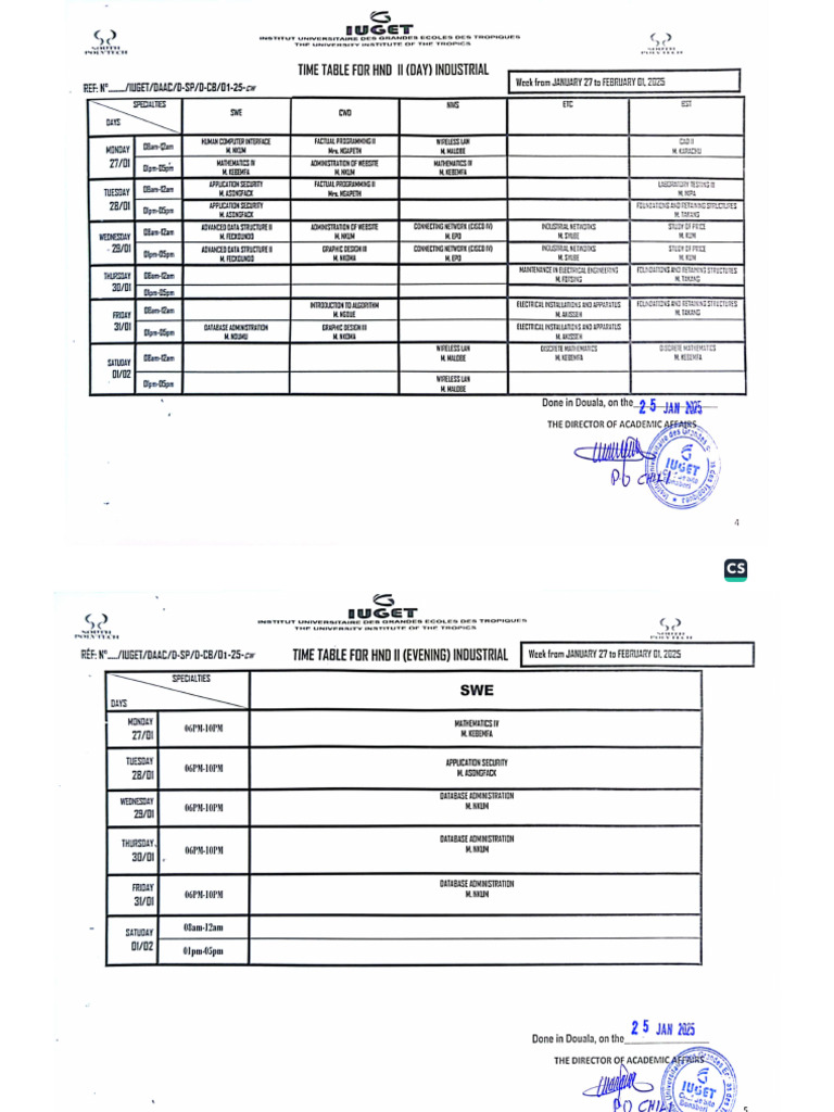 Time Table For HND Ii (Day and Evening) Industrials | PDF
