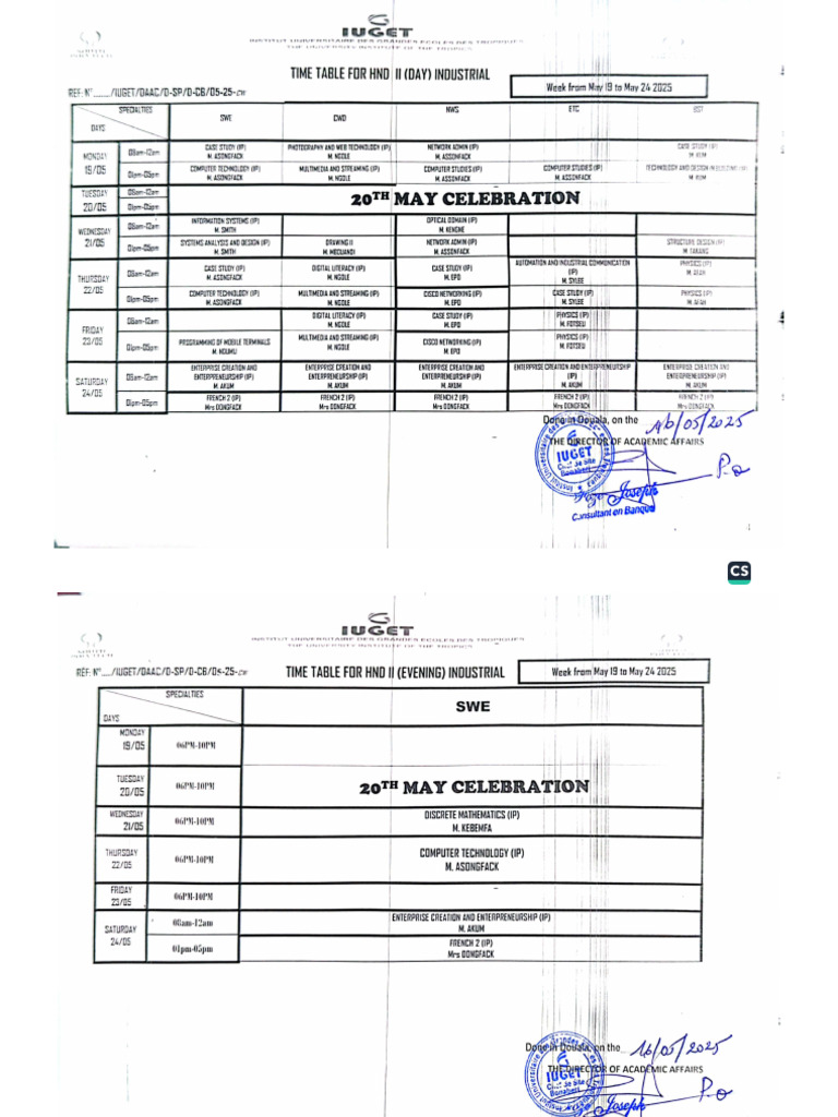 Time Table For HND II DAY AND EVENING INDUSTRIAL - 2 | PDF