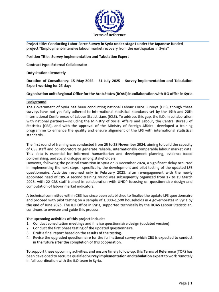 TOR - Survey Implementation and Tabulation Consultant Syria LFS | PDF