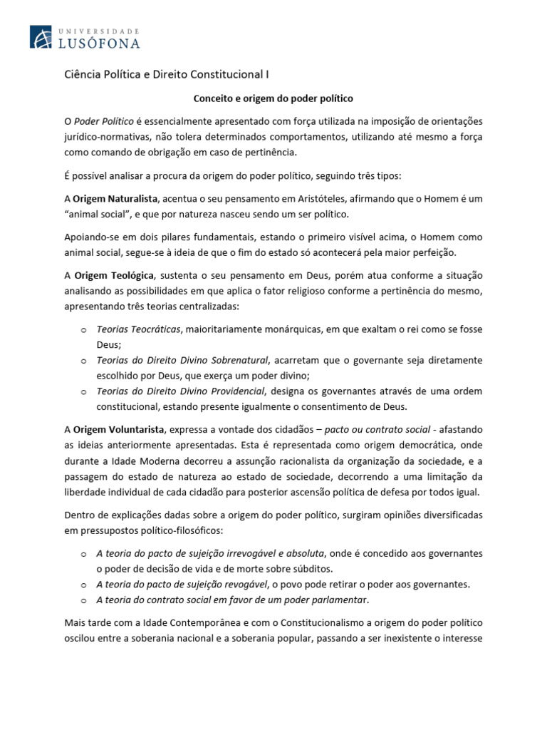 Origem do Poder Político: Teorias e Análises | PDF | Estado | Soberania