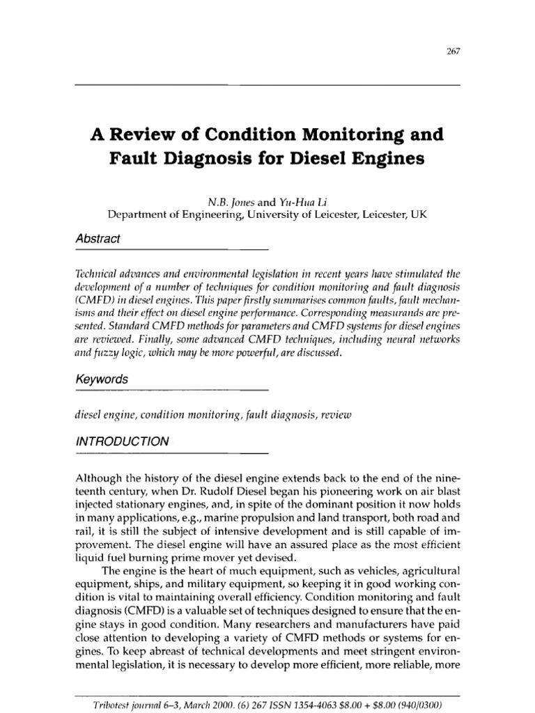 A Review of Condition Monitoring and Fault Diagnosis For Diesel Engines ...