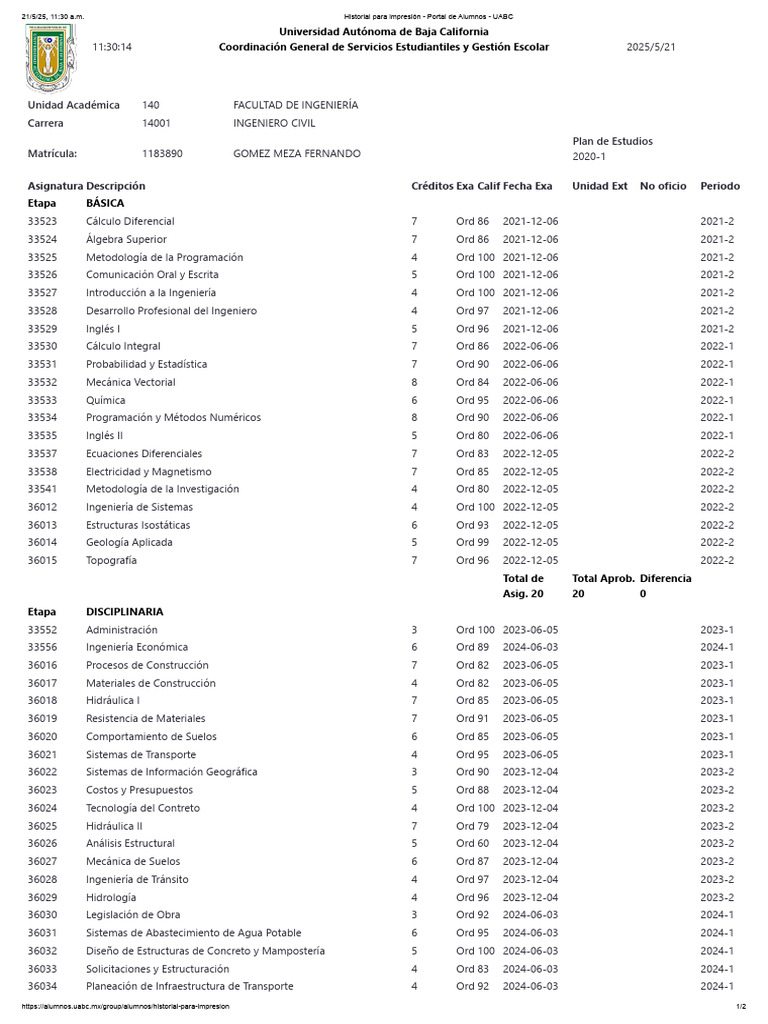 Historial para Impresión - Portal de Alumnos - UABC | PDF | Ingeniería
