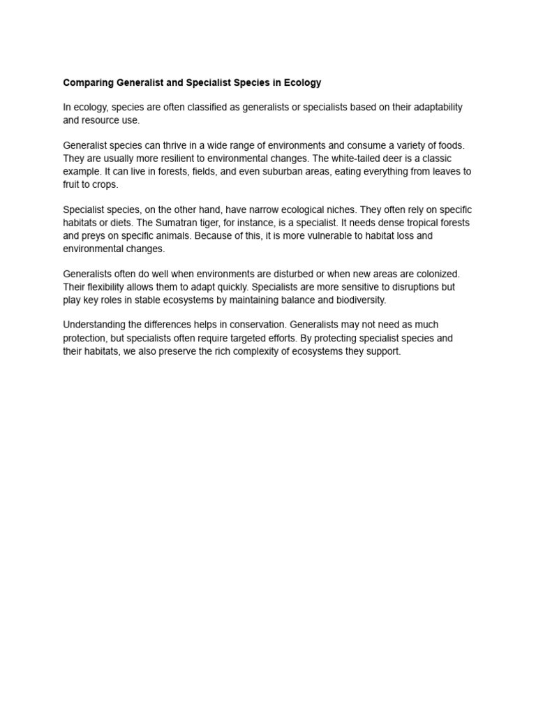 Generalist vs Specialist Species in Ecology | PDF