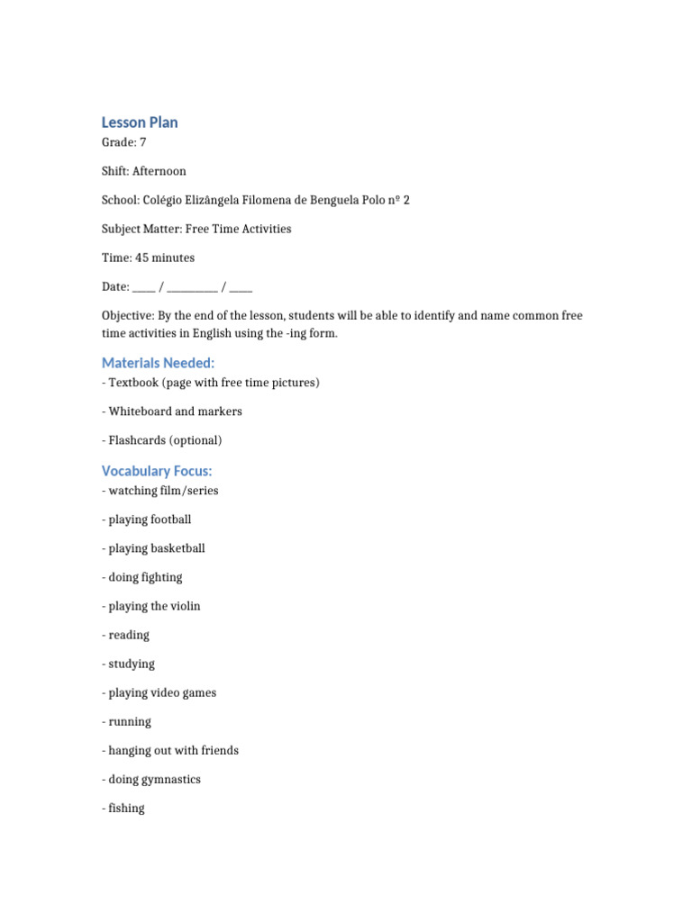 7th Grade Free Time Activities Lesson Plan | PDF