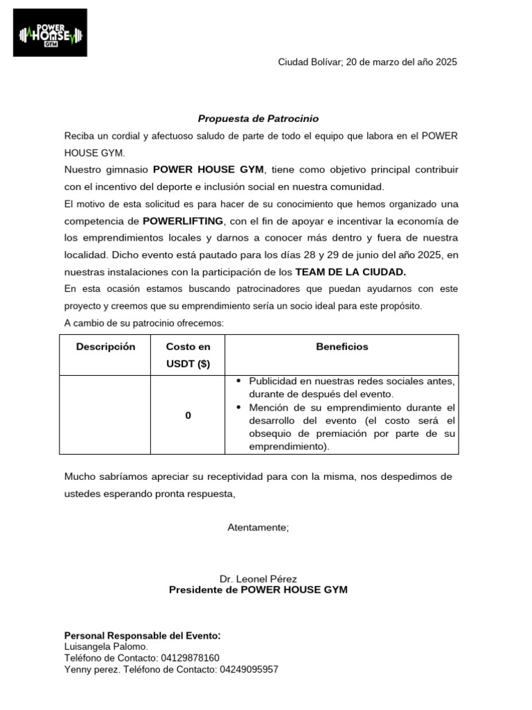 Carta de Patrocinio - Doc Emprendimientos | PDF