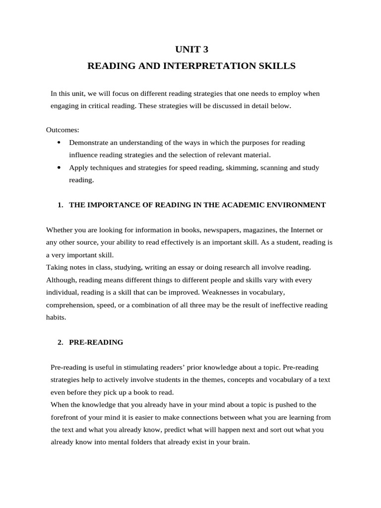 UNIT 3 Reading and Interpretation Skills | PDF | Speed Reading | Cognition