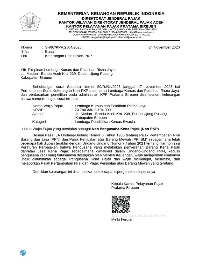 Keterangan Status Non-PKP Risna Jaya | PDF