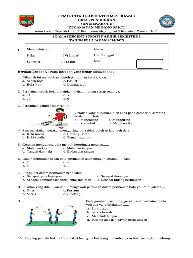 SOAL SAS PJOK KELAS 4 SEMESTER 1 | PDF
