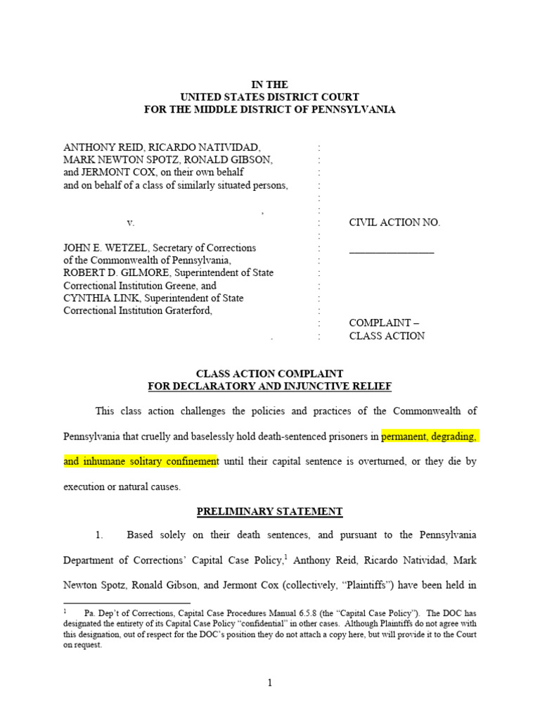 8th Amndt USC Solitary Confinement Annotated Reid v. Wetzel - Class ...